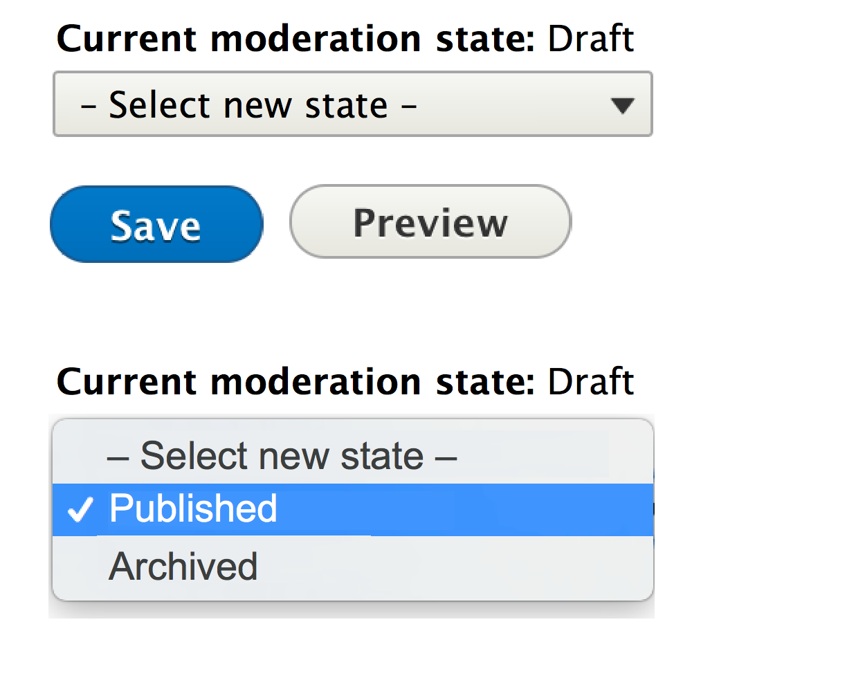 Add select field to choose moderation state on entity forms [#2753717] | Drupal.org
